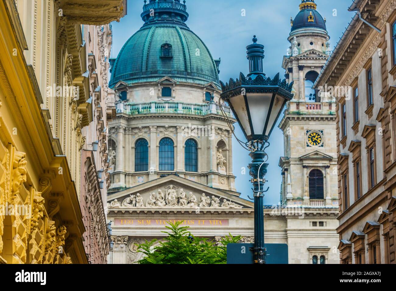 Architecture of Zrinyi utca with St. Stephen's Basilica in Budapest ...