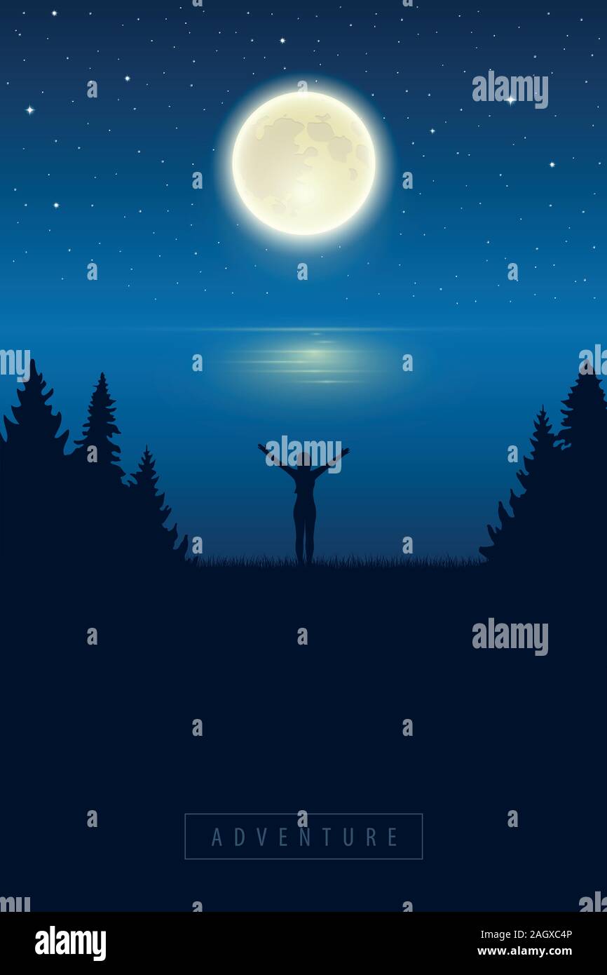 girl with raised arm enjoy the full moon by lake vector illustration ...