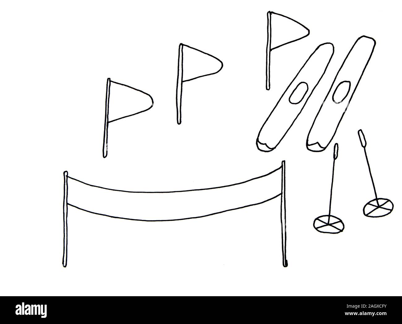 illustration of cute doodles like skis and race finish gate for skiers ...