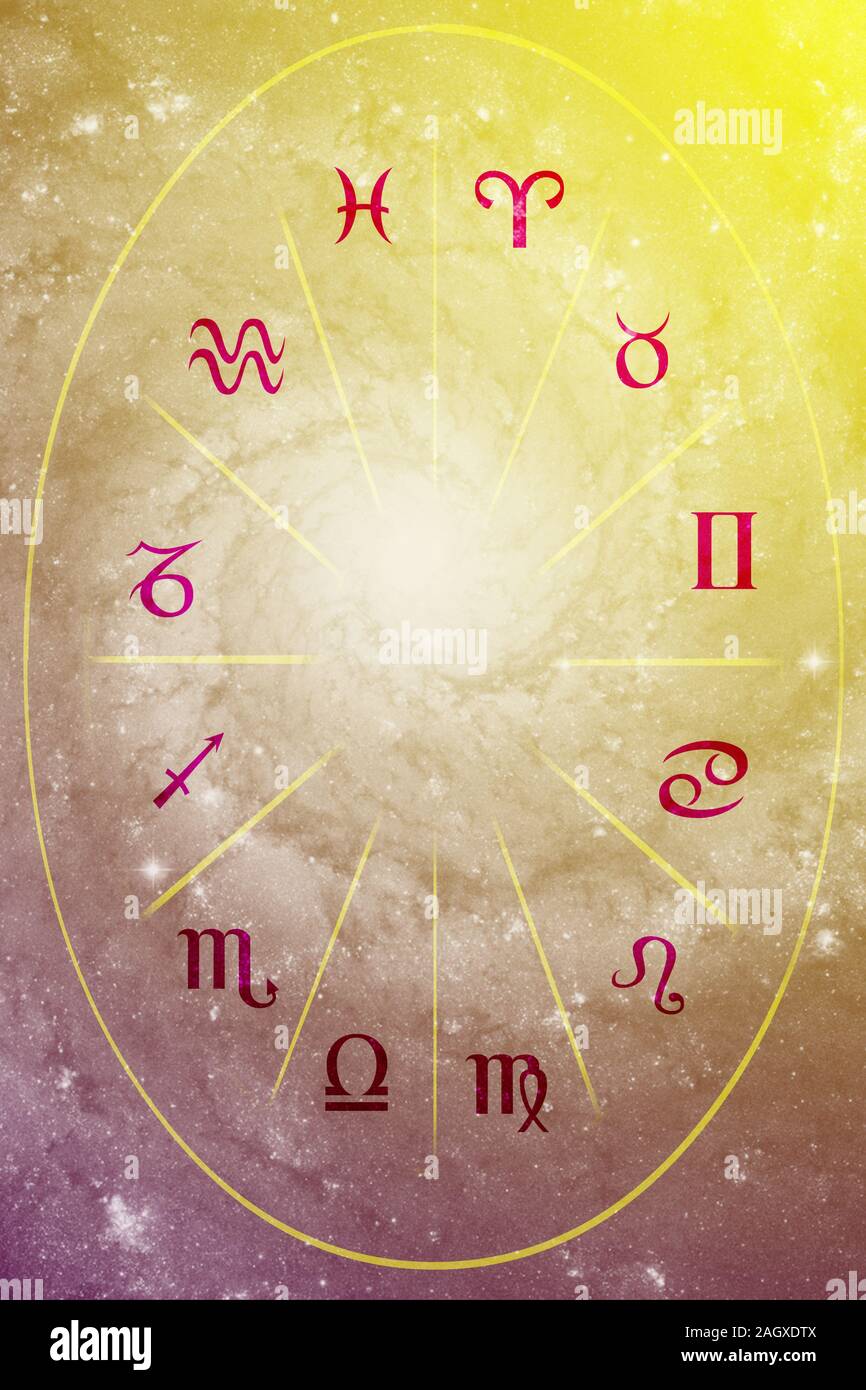 Illustration of astrology themes. Twelve signs of the zodiac on bright ...