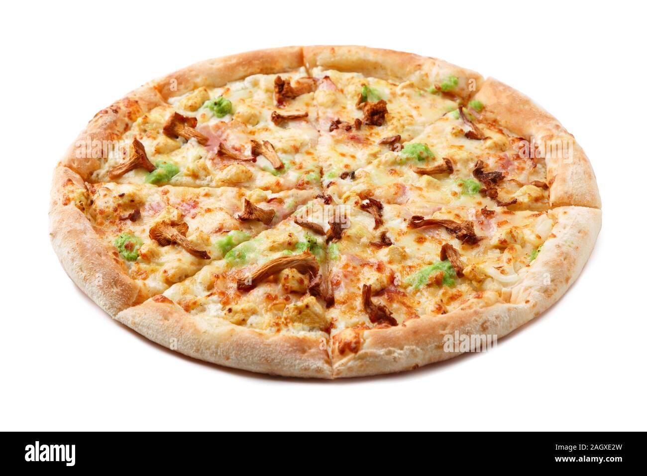 Delicious classic italian Pizza with bacon, chanterelles, wasabi and ...