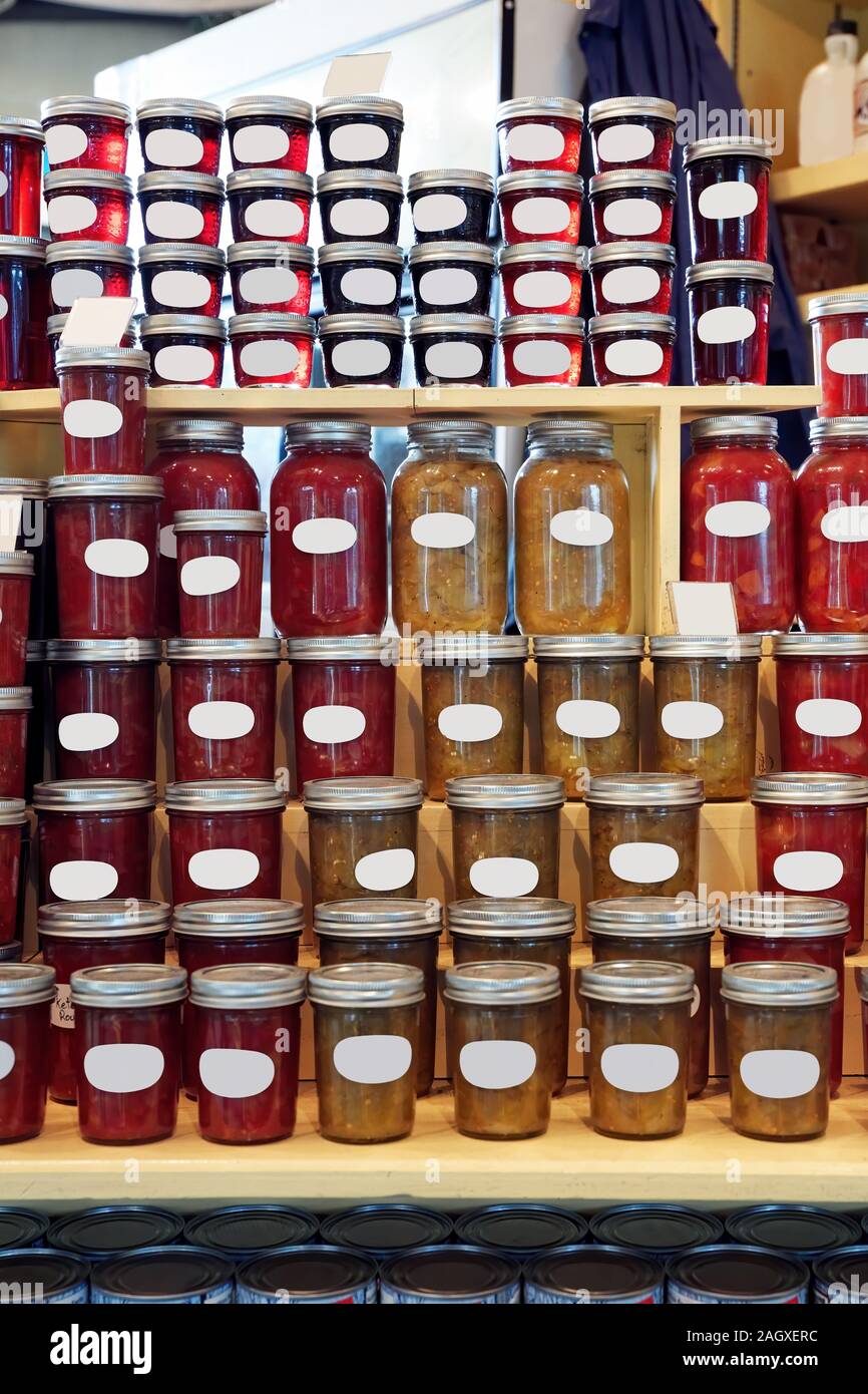 Traditional organic homemade jams, ketchup and conserved vegetables in ...