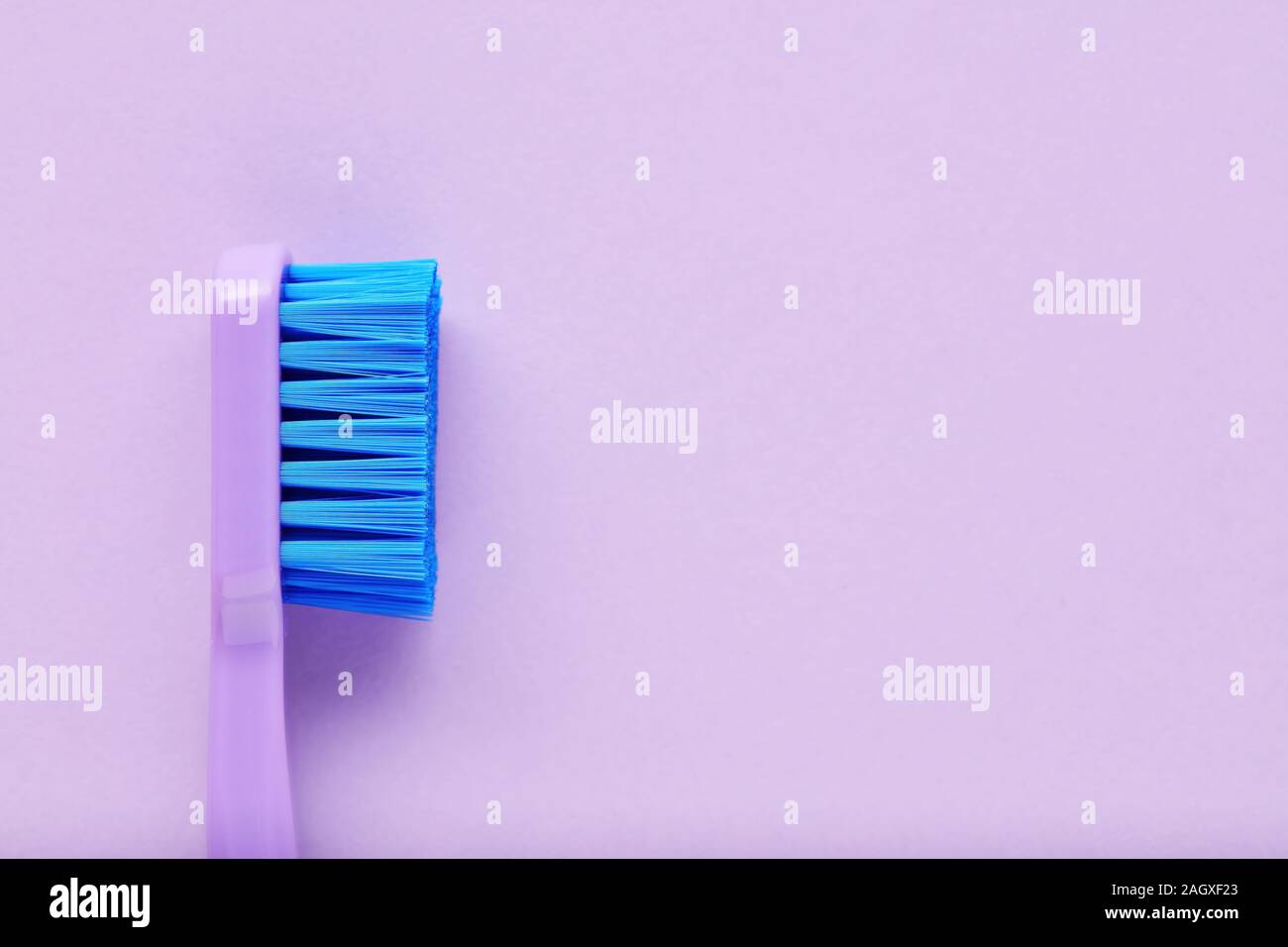 Close up side view of a new purple toothbrush on purple background ...