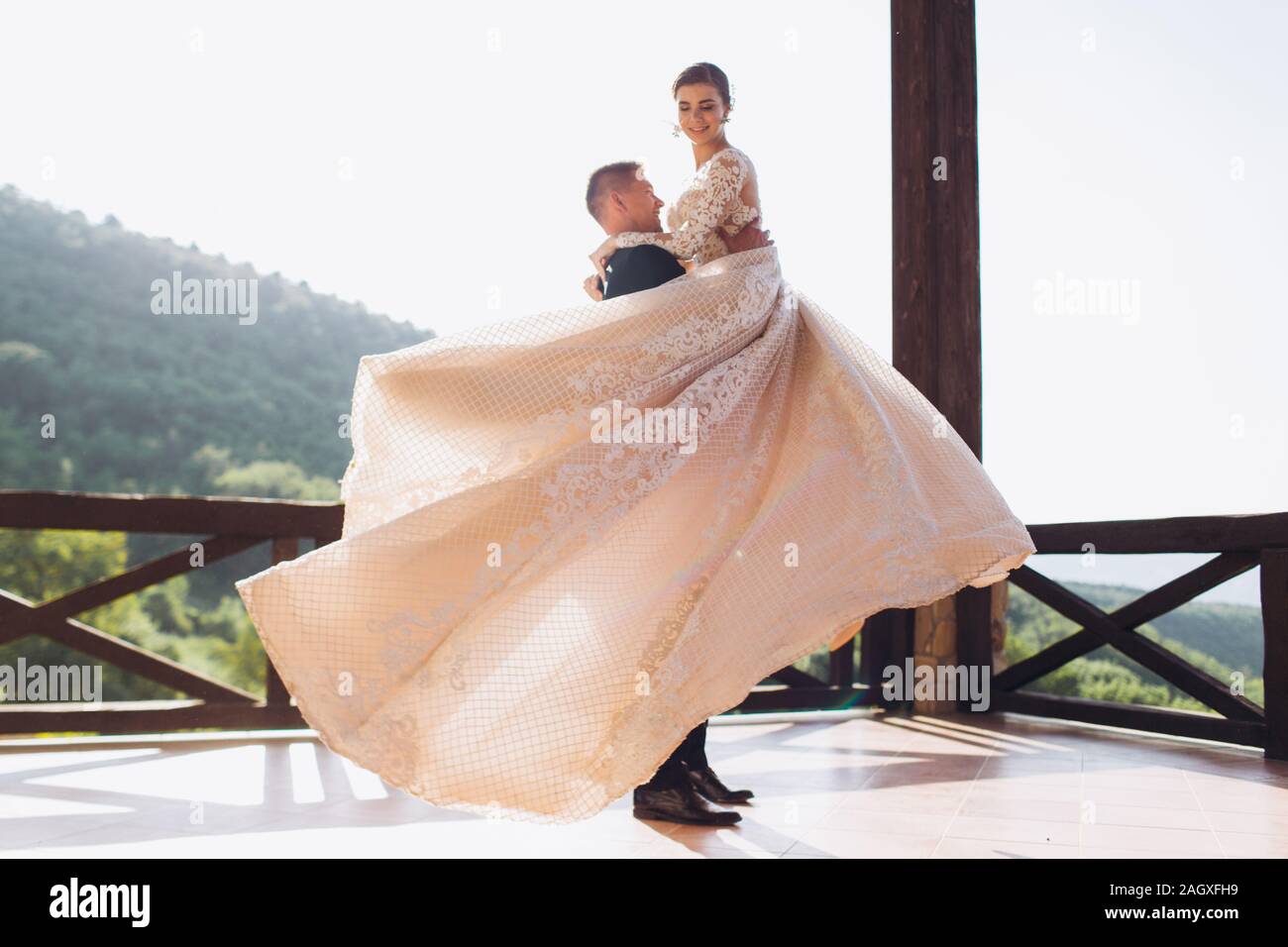 The first dance of the young. The bride and groom are dancing their ...