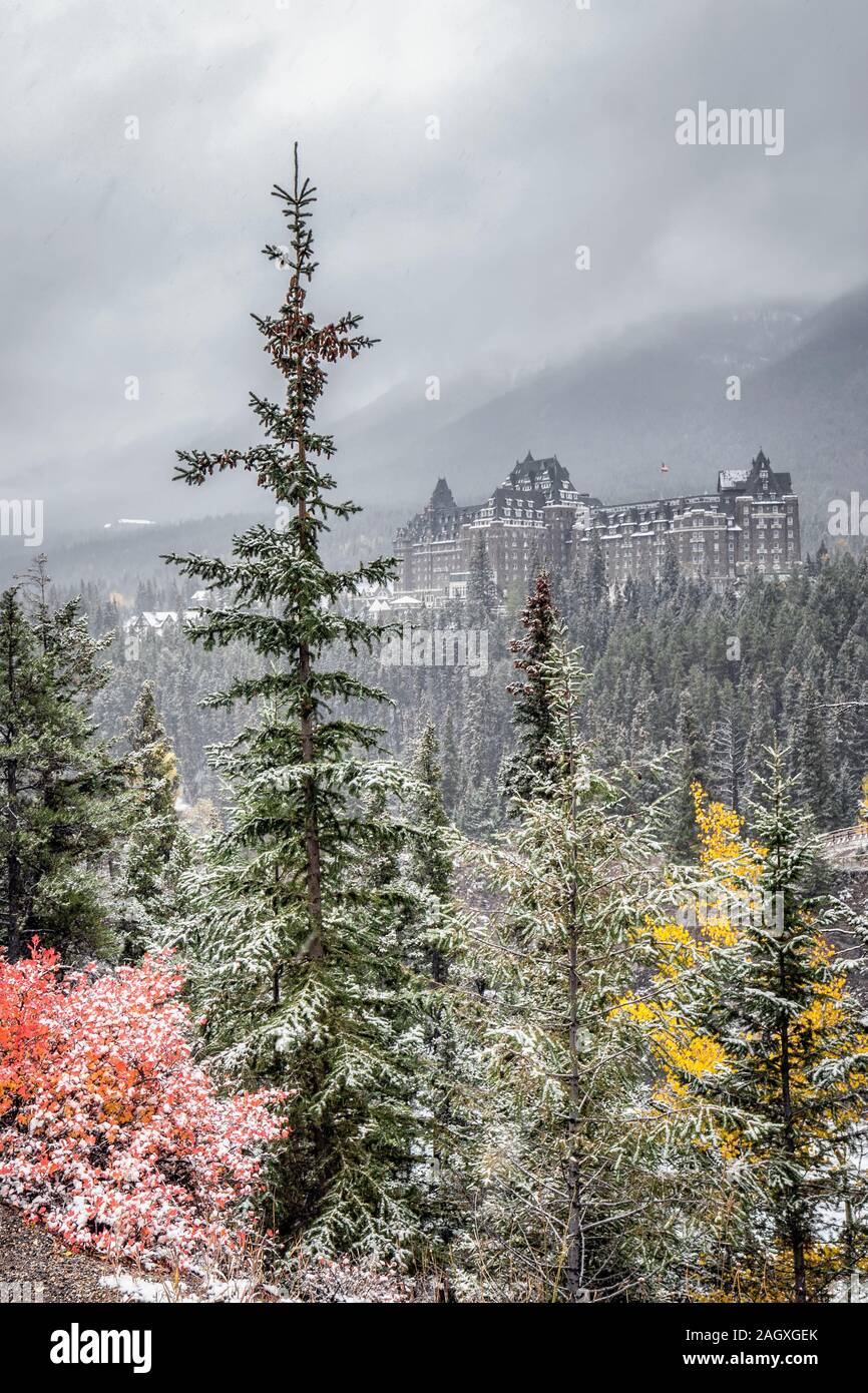 Banff - OCTOBER 01, 2018: Fairmont Banff springs under heavy snow near ...