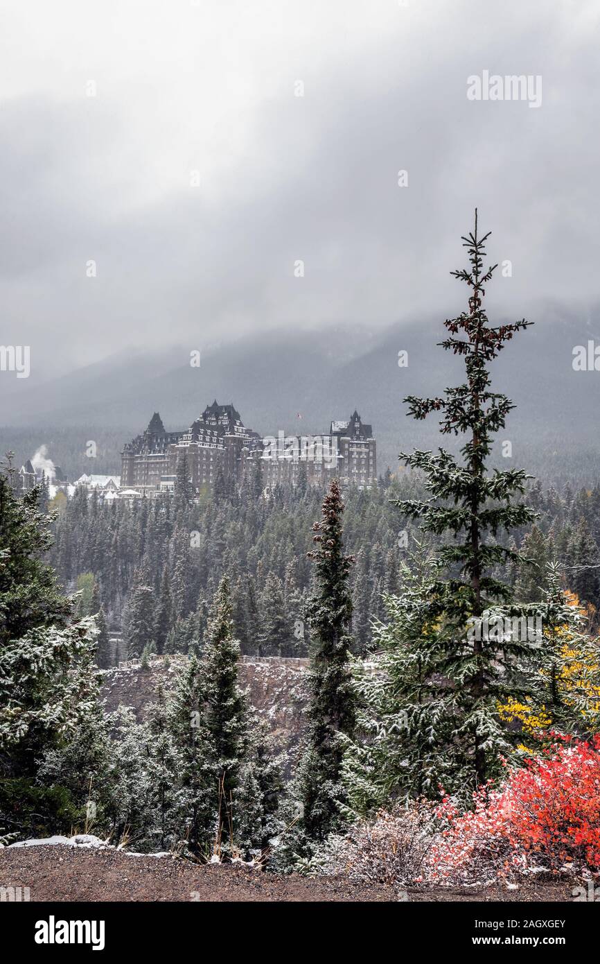 Banff - OCTOBER 01, 2018: Fairmont Banff springs under heavy snow near ...