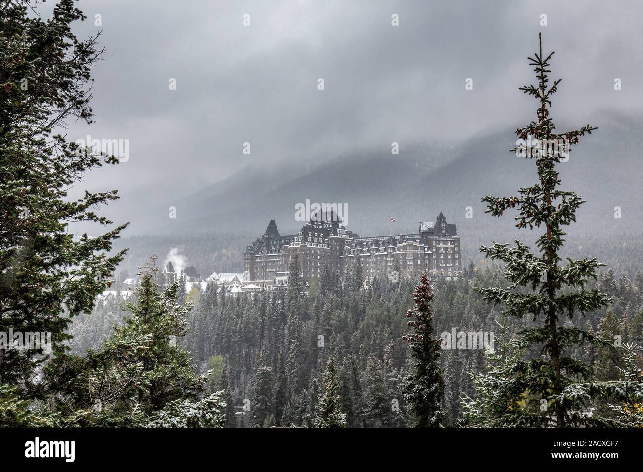 Banff - OCTOBER 01, 2018: Fairmont Banff springs under heavy snow near ...