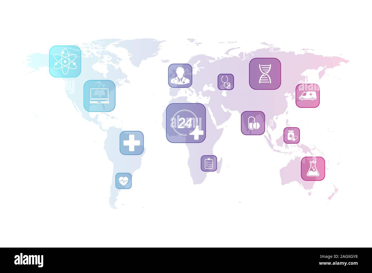Abstract health care background with flat icons on world map ...