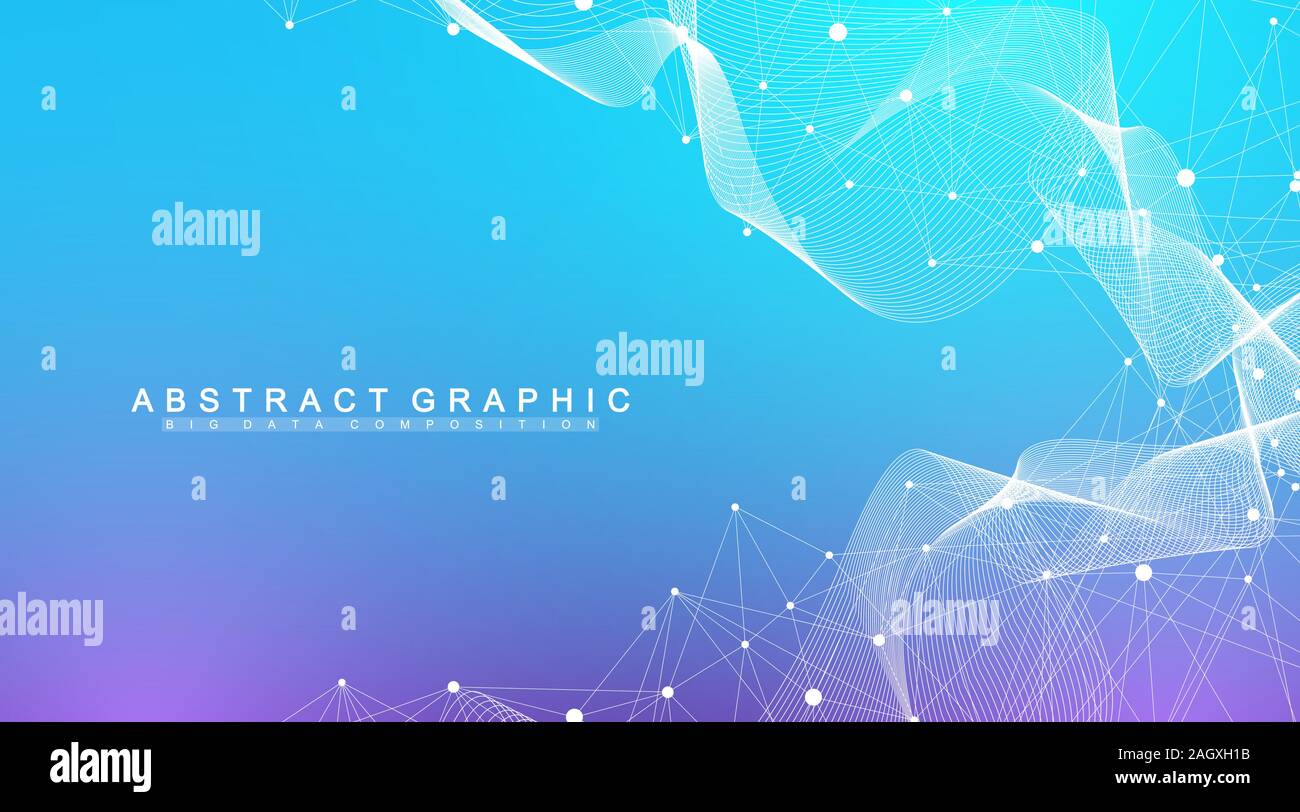Digits abstract background with connected lines and dots, wave flow. Digital neural networks ...