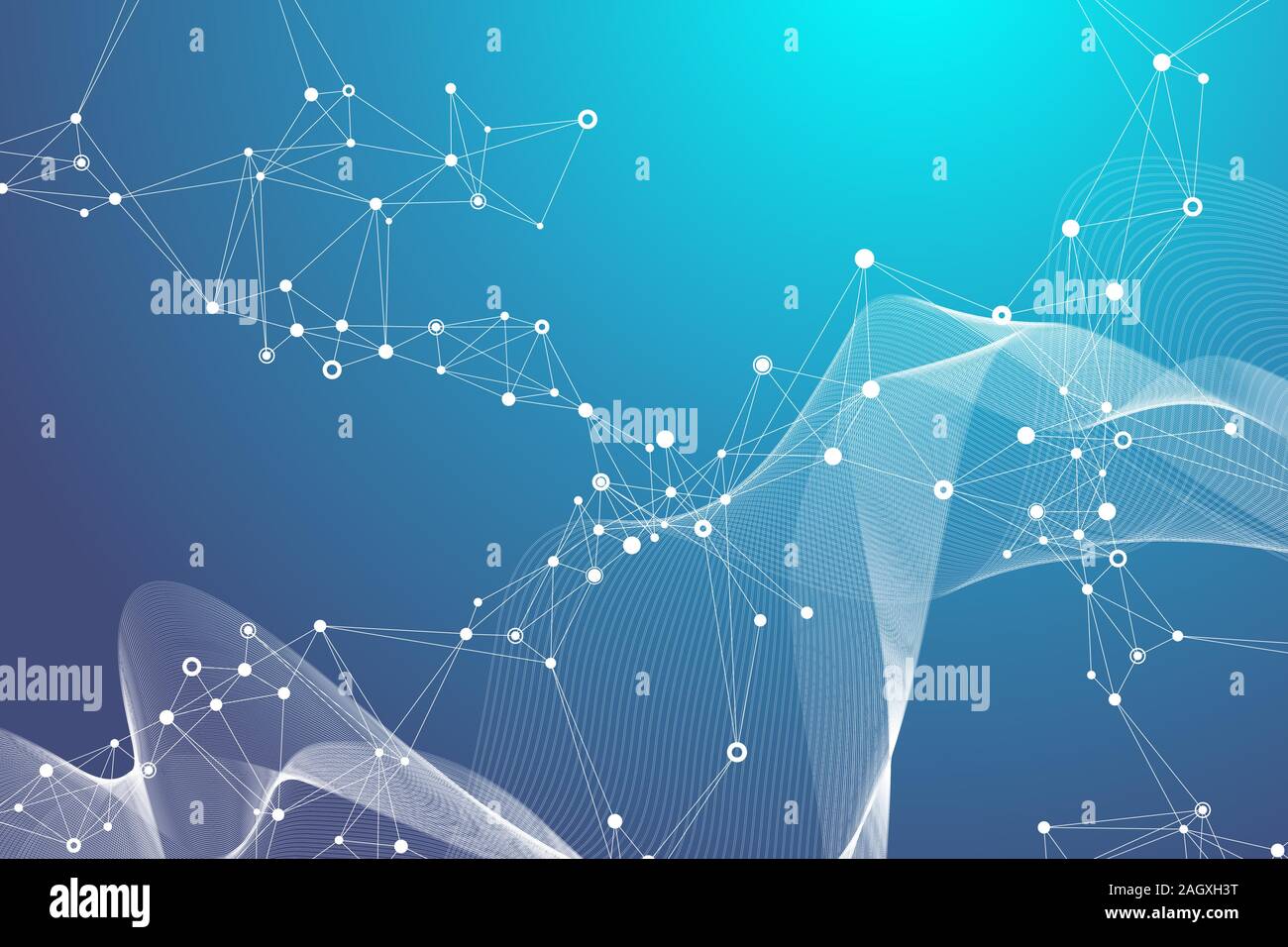 Digits abstract background with connected lines and dots, wave flow. Digital neural networks ...