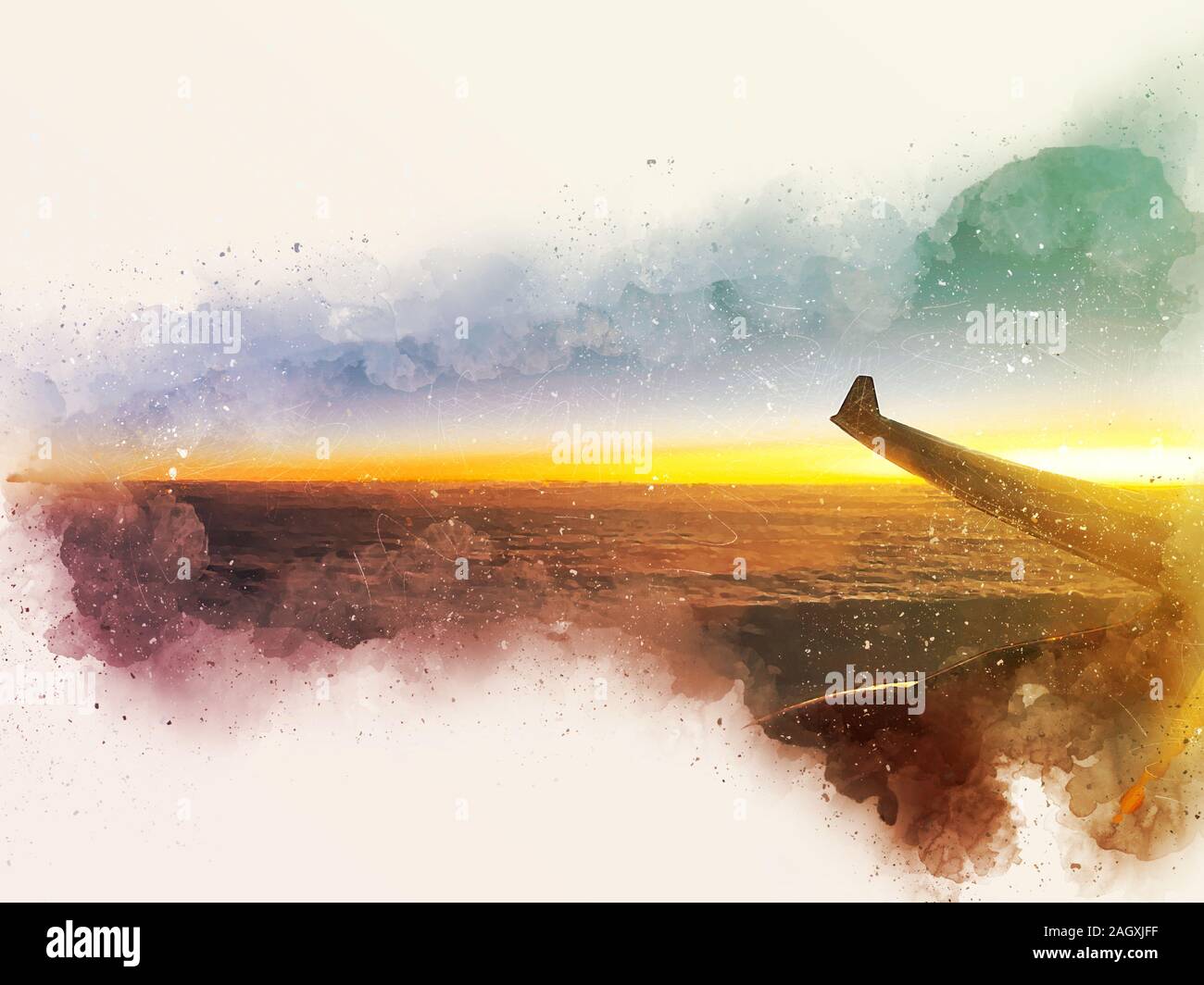 Abstract colorful sunset and clouds from the plane window on watercolor ...