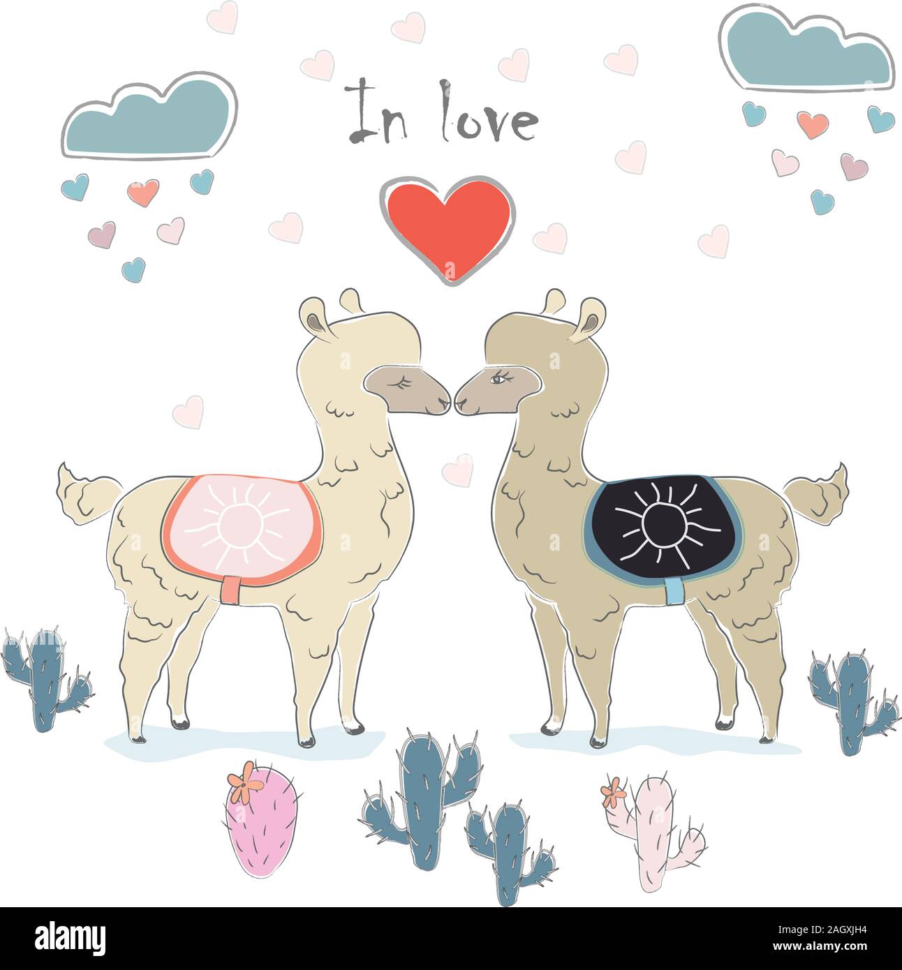 Cute Alpaca Couple. Hand Drawn Delicate Design for cards, decorations ...