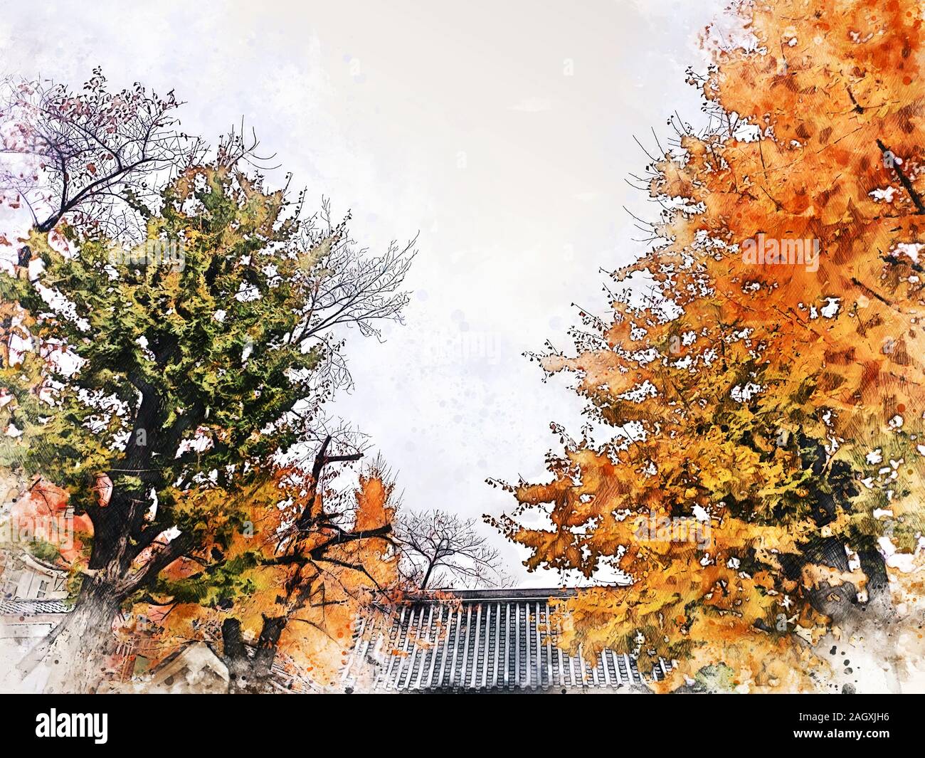 Abstract colorful branch tree and building in the city on watercolor ...