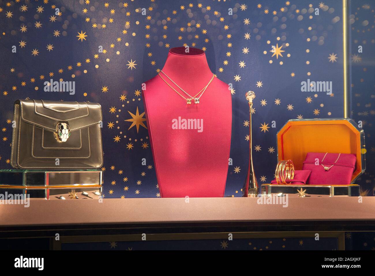 Jewelry diamond rings and necklaces show in luxury retail store window ...