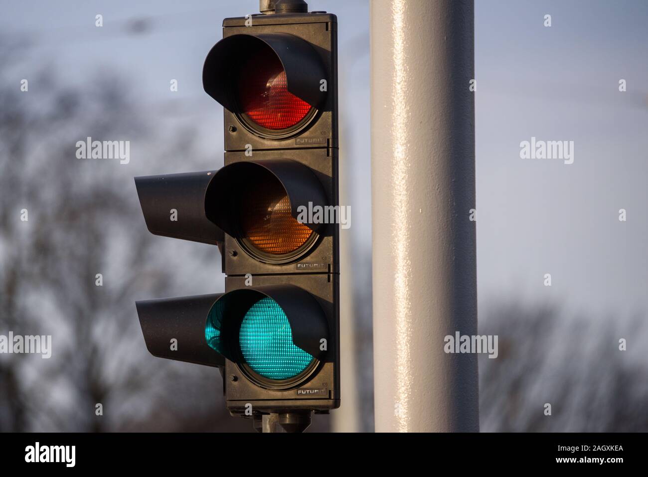 RIGA, LATVIA. 23rd November 2019. Traffic light shows green for ...