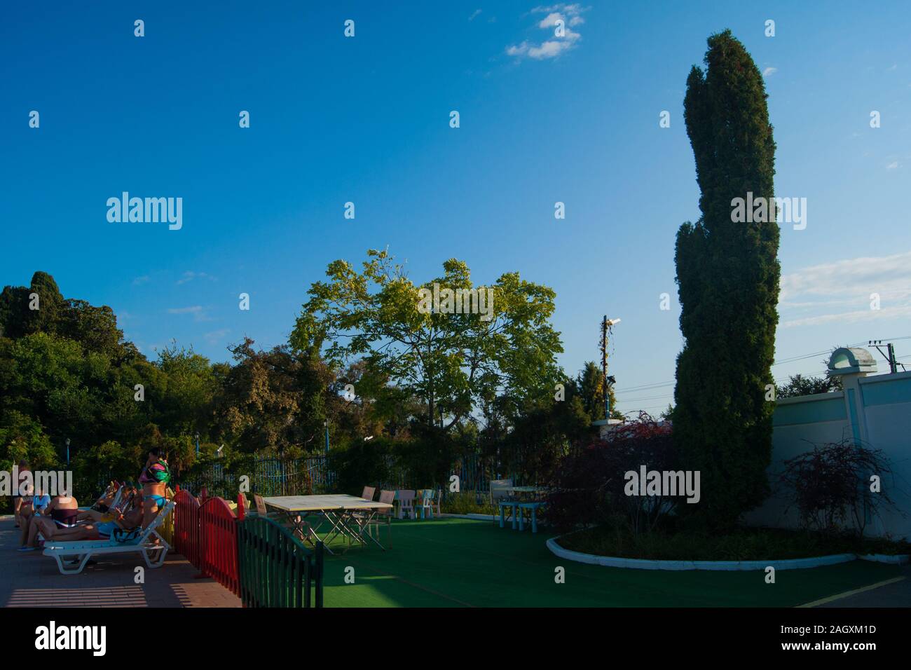 The rest area in the water park near the hotel. Subtropics, summer ...