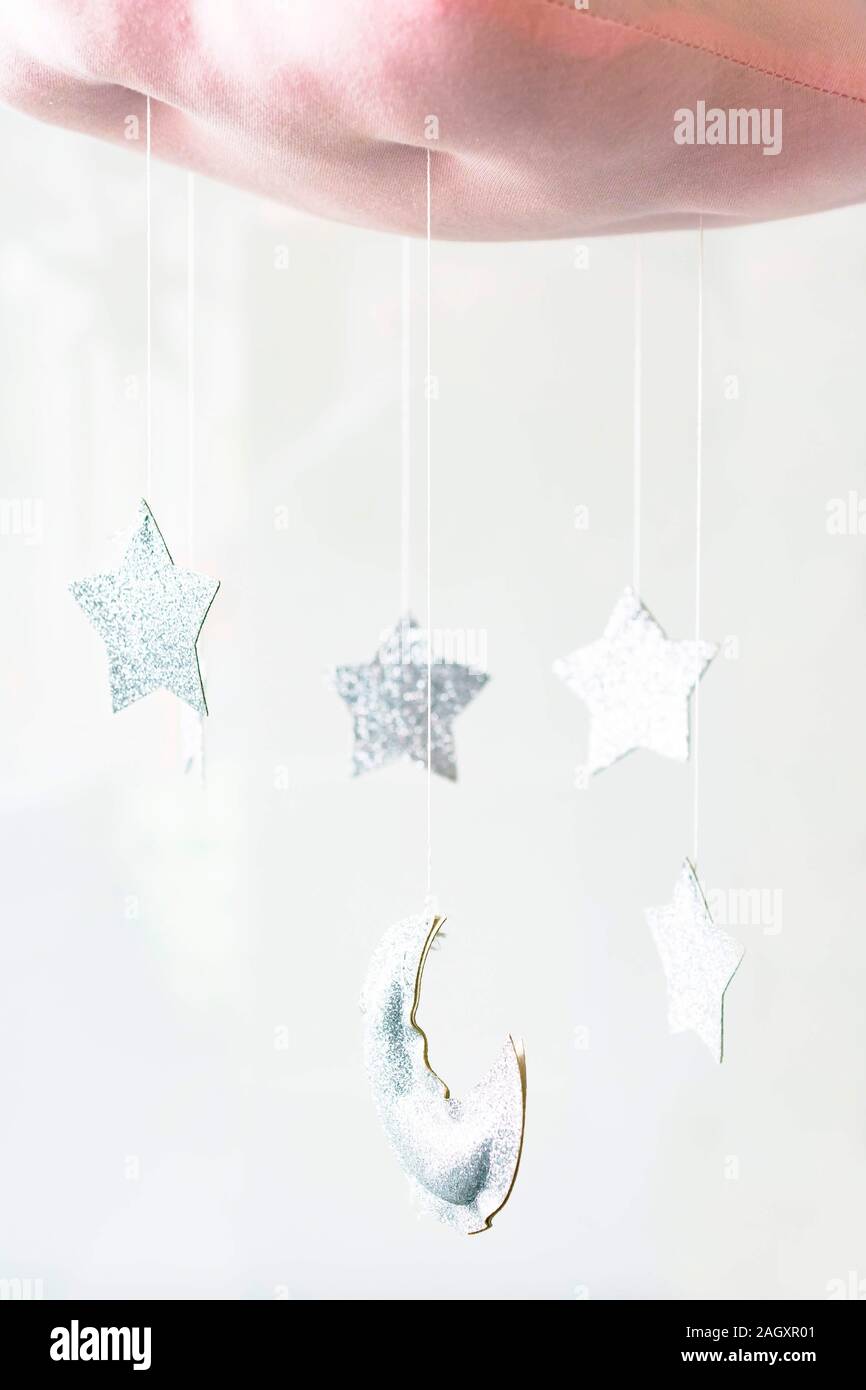 Silver stars and moon Christmas on white background Stock Photo - Alamy