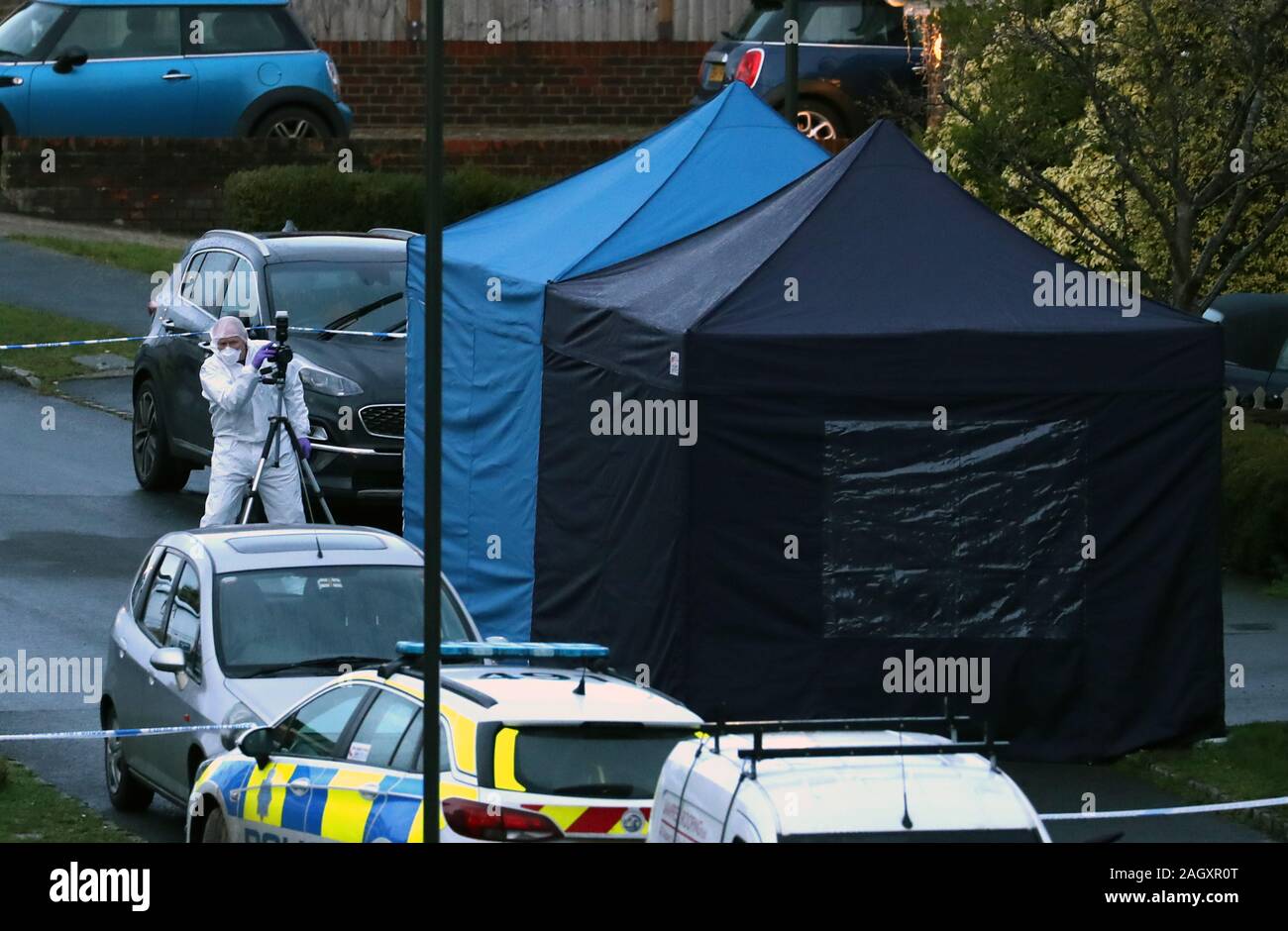 Police forensics officers at a scene in Hazel Way, Crawley Down, West ...