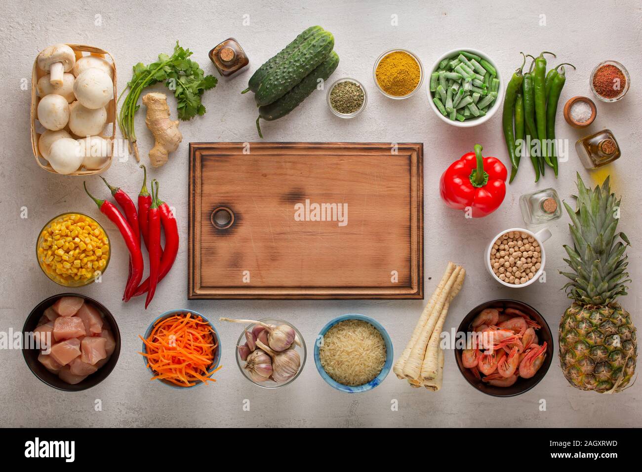 Thai cooking ingredients. Rice, chili, shrimp pineapple and more Stock ...