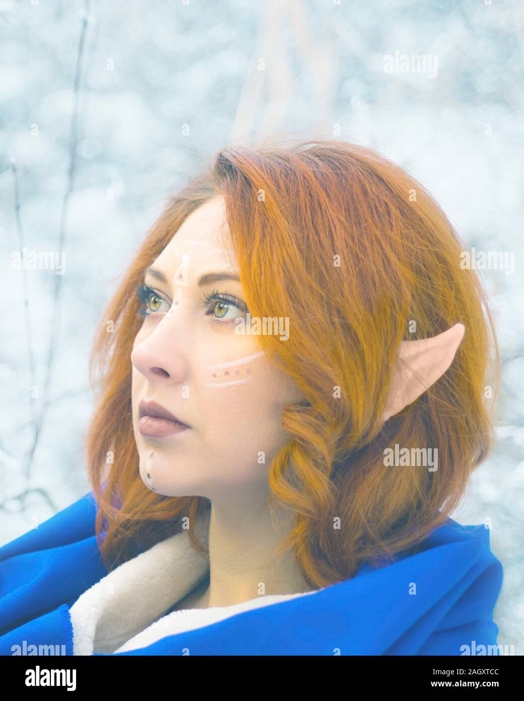 Elf Fairy woman. Close up portrait of an elf girl. Cold snowstorm in ...