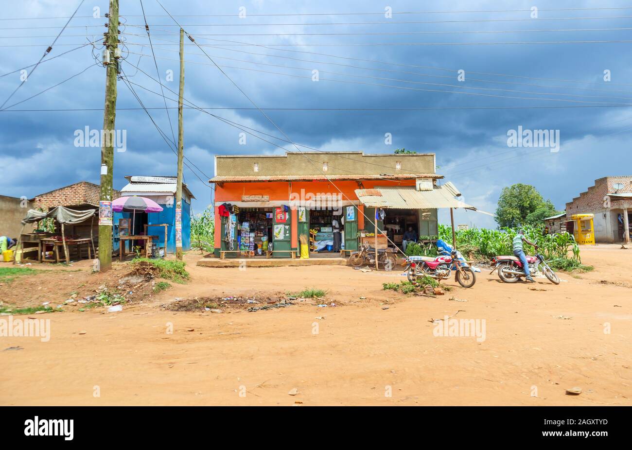 Typical low-rise roadside village shops with a general store shop and ...
