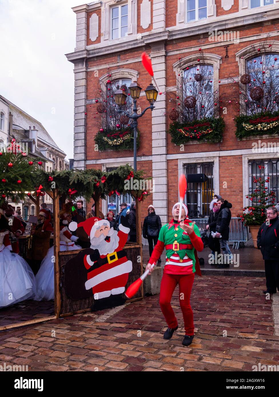 Boulogne Christmas market a juggler performs as part of the Christmas ...
