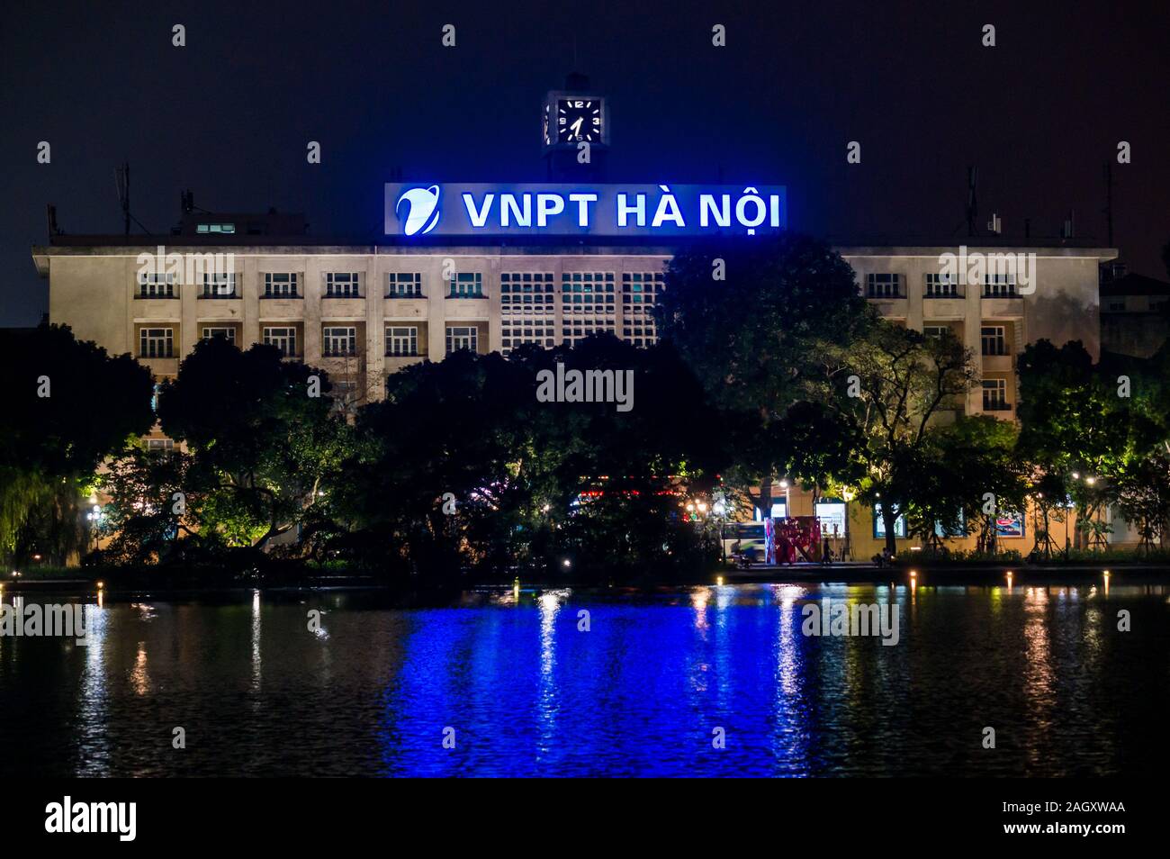 VPNT International Post Office building at night, Hoan Kiem Lake, Hanoi ...