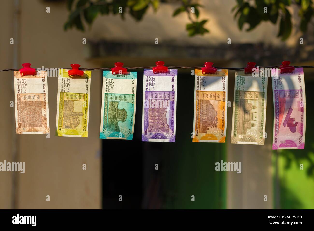 selective focus of new Indian currency notes rupees ten,twenty,fifty ...