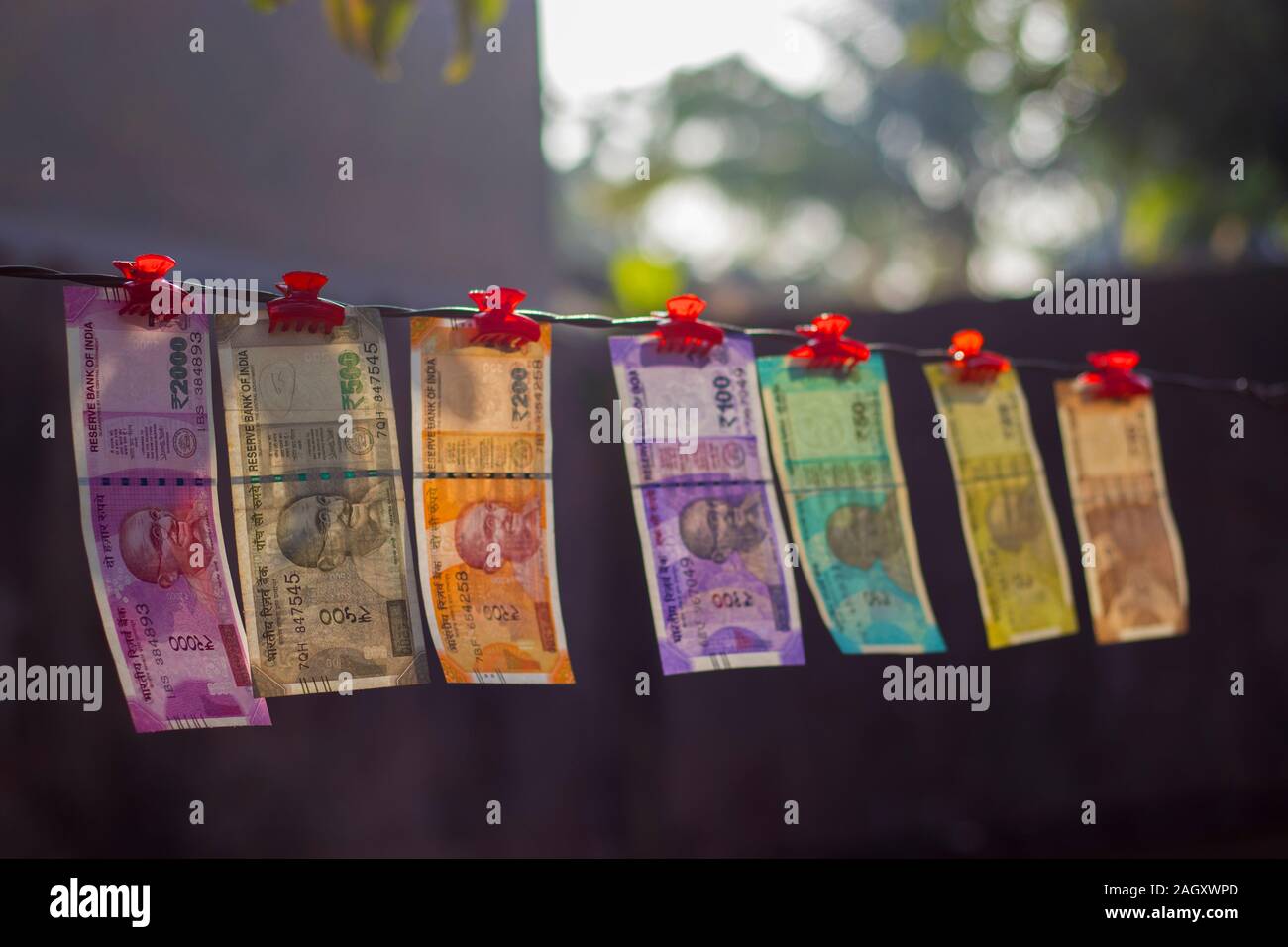 selective focus of new Indian currency notes rupees ten,twenty,fifty ...