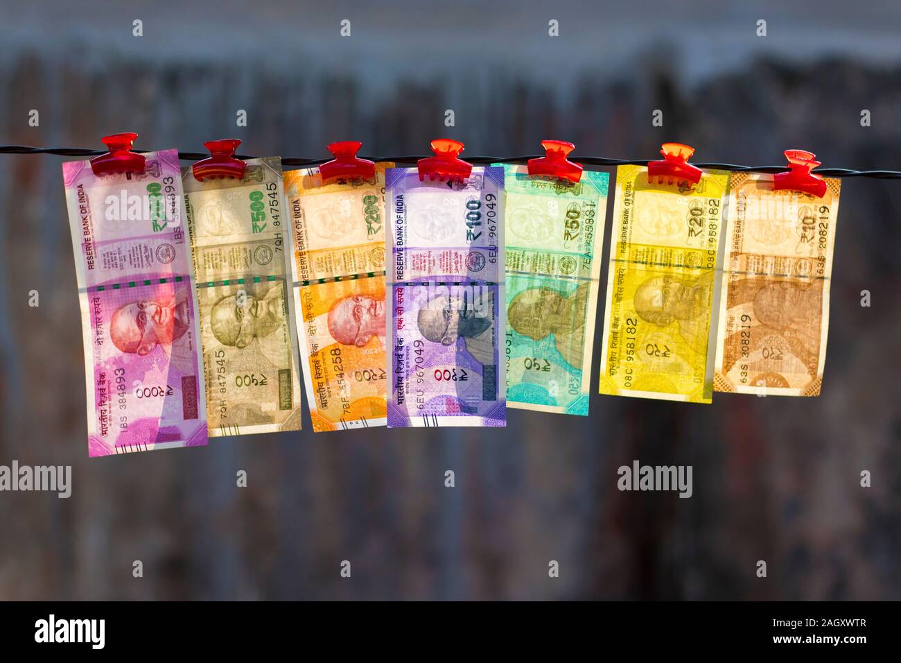 selective focus of new Indian currency notes rupees ten,twenty,fifty ...