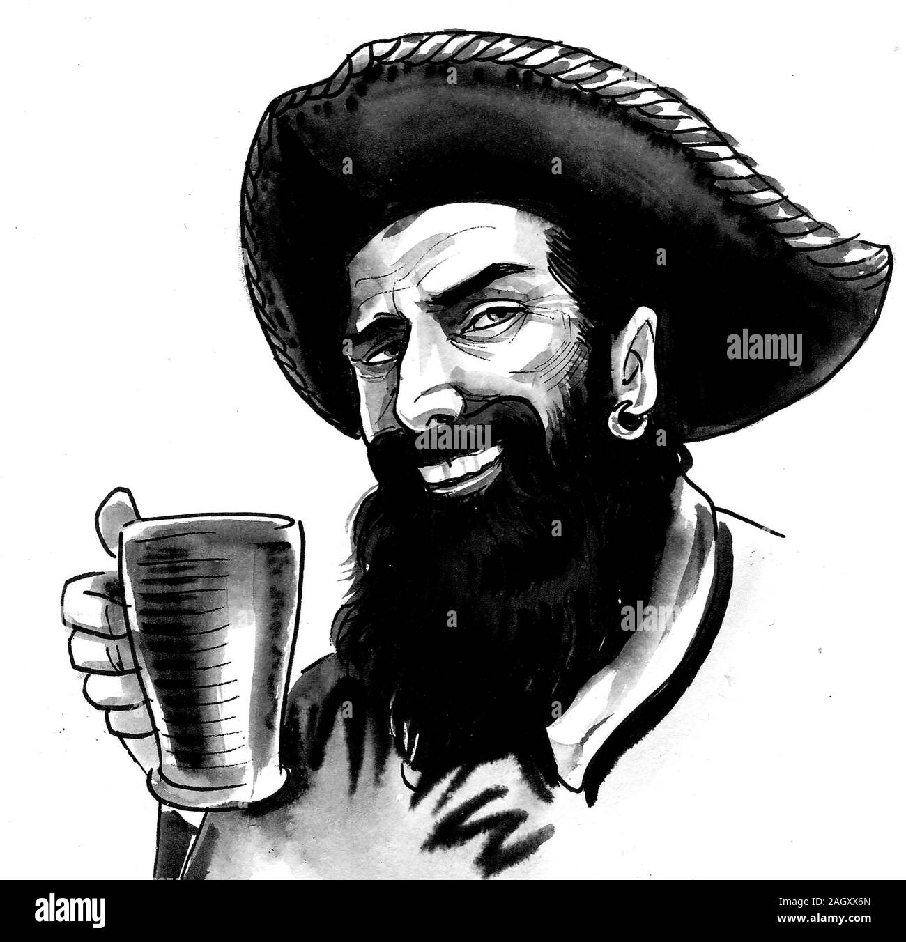 Pirate captain with a mug of rum. Ink black and white drawing Stock ...