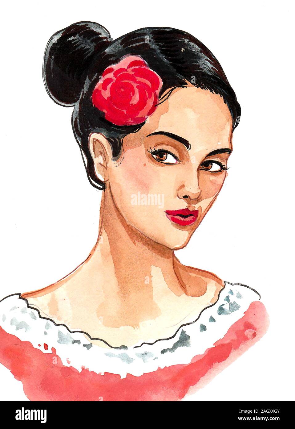 Beautiful Spanish woman. Ink and watercolor illustration Stock Photo ...