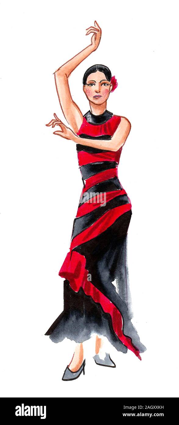 Ink and watercolor drawing of a pretty woman dancing Flamenco Stock ...