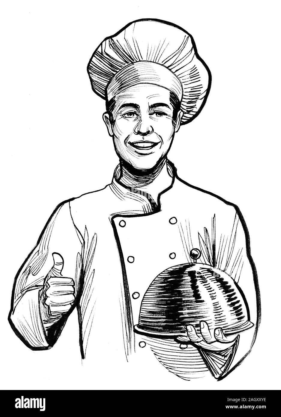 Happy smiling chef showing a big thumb. Ink black and white drawing ...