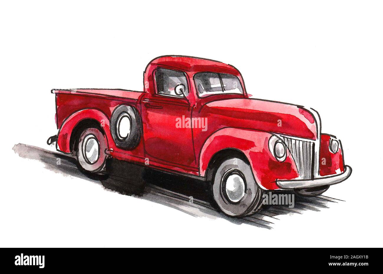Red vintage American truck. Ink and watercolor illustration Stock Photo ...