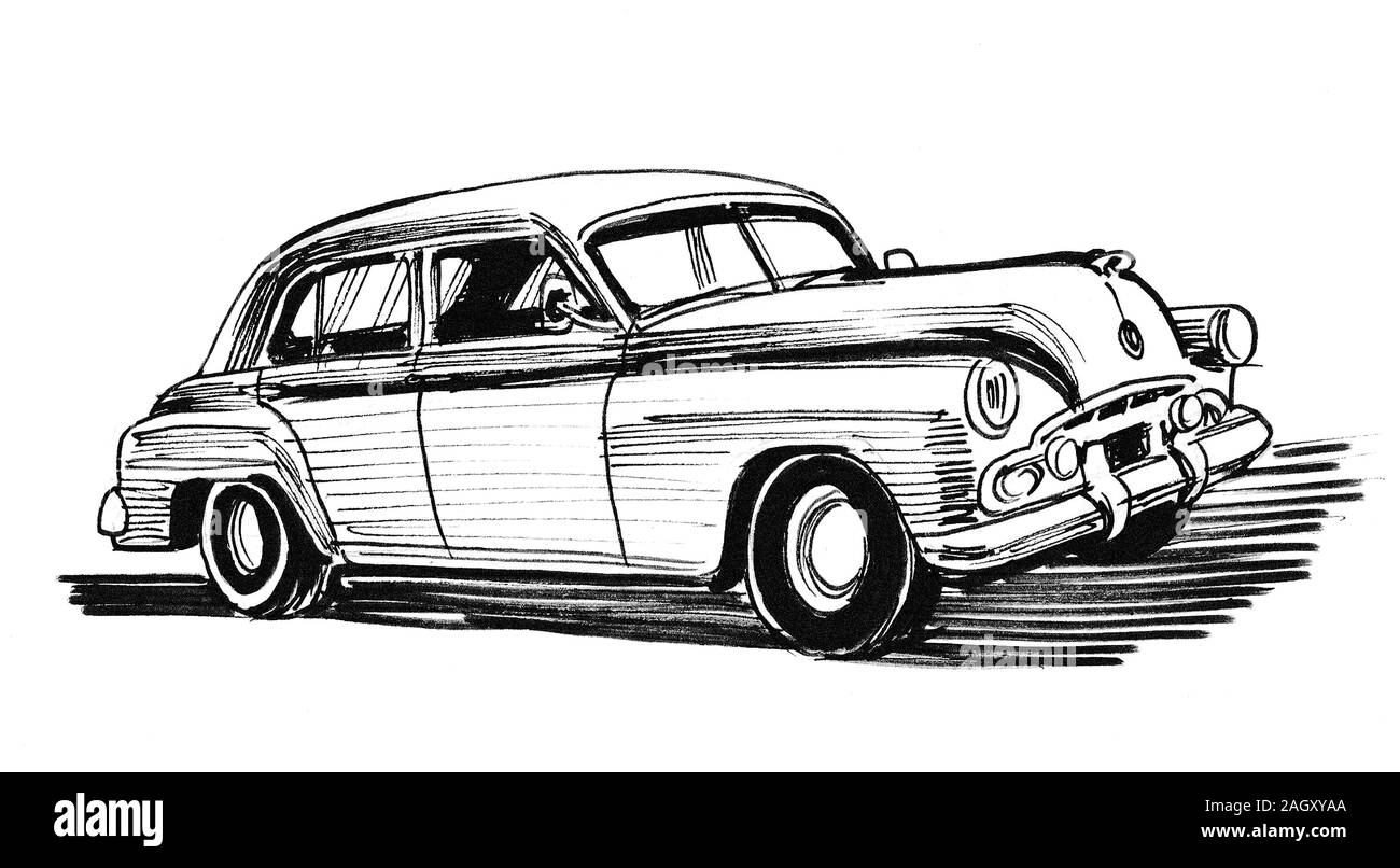 Vintage car. Ink black and white drawing Stock Photo - Alamy