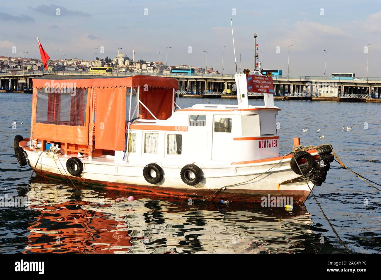 Istanbul, Turkey. Excursion boat on the Golden Horn with a view of the ...