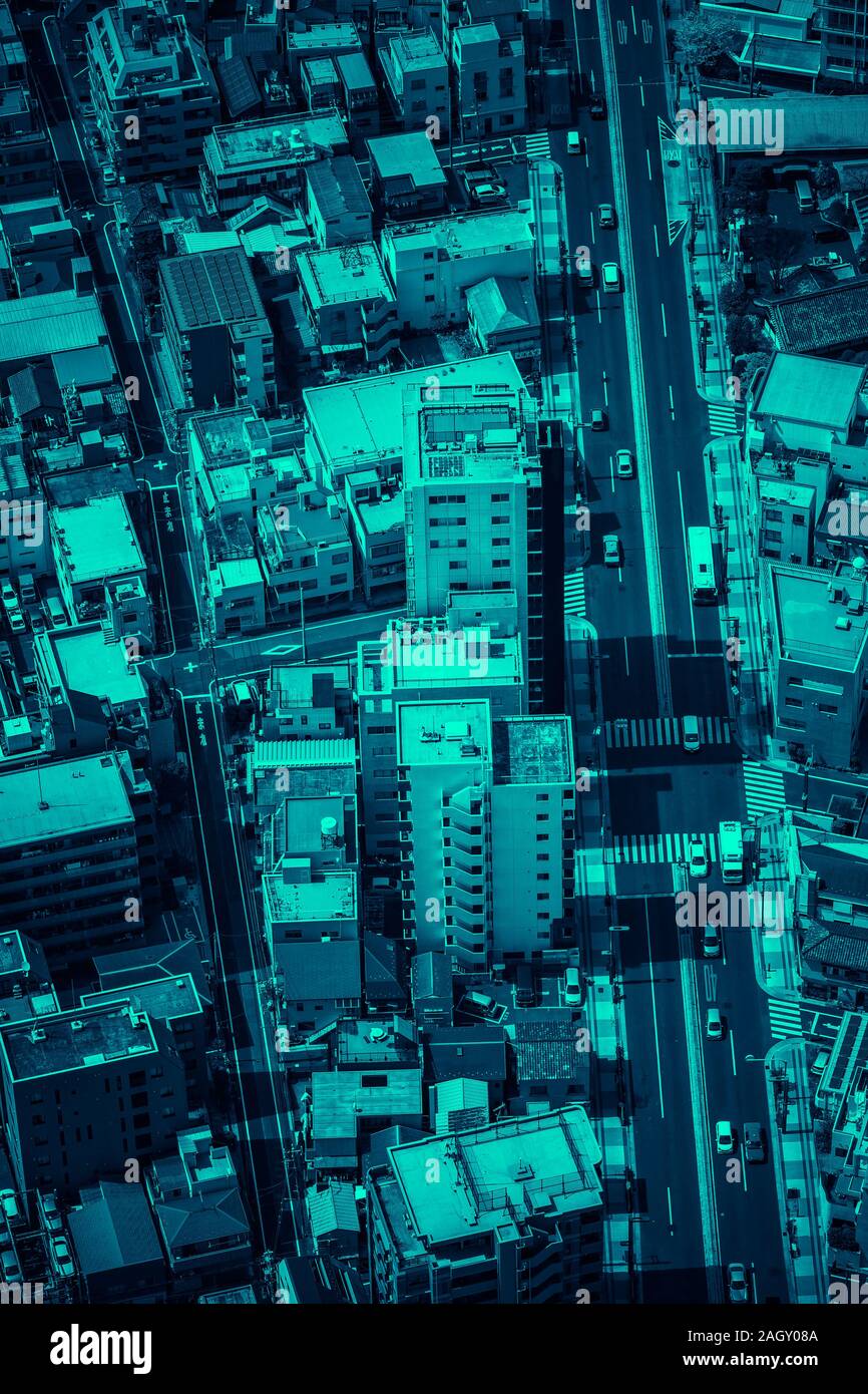 Aerial view of Tokyo streets, city urban development, Japan. Made up ...
