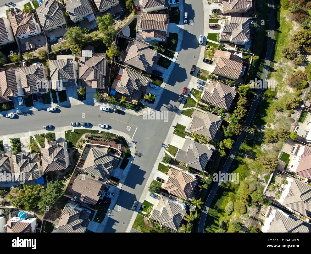 Aerial top view of upper middle class neighborhood with residential ...