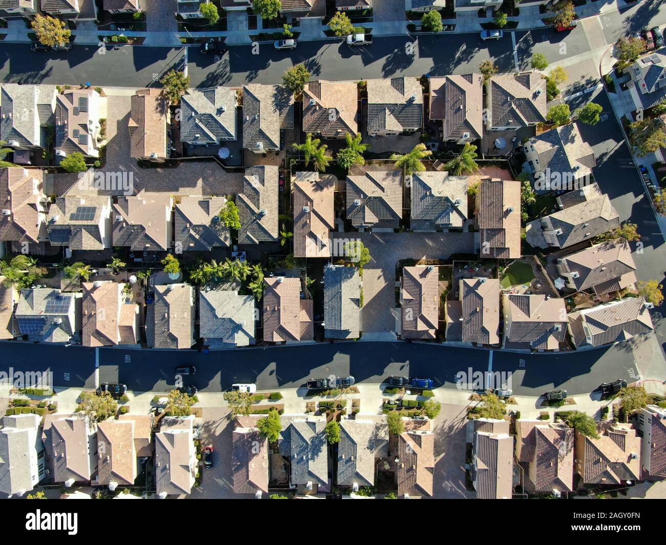 Aerial top view of upper middle class neighborhood with residential ...