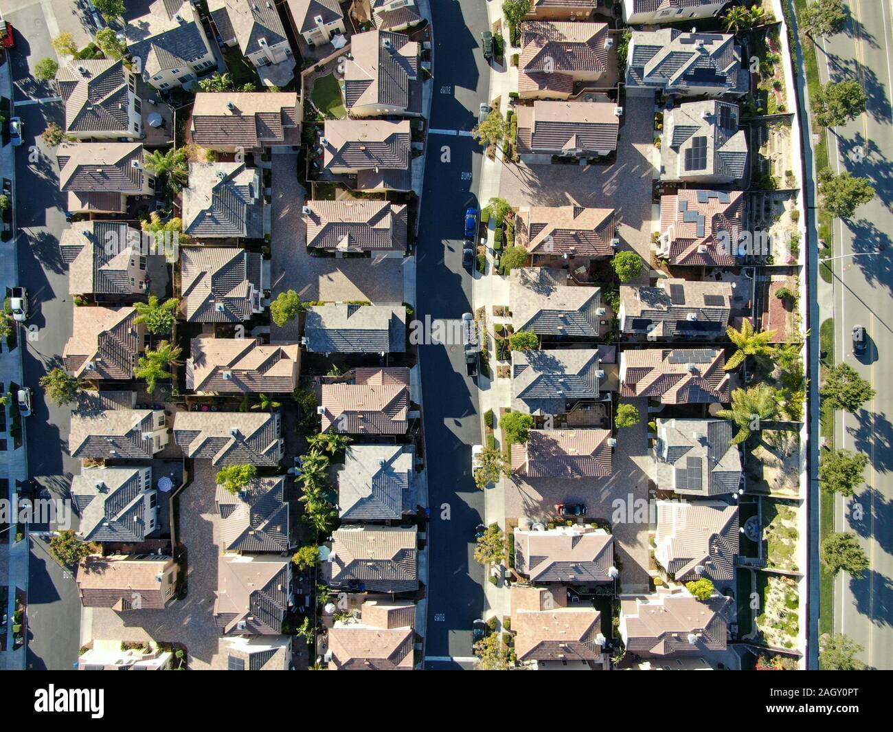 Aerial top view of upper middle class neighborhood with residential ...
