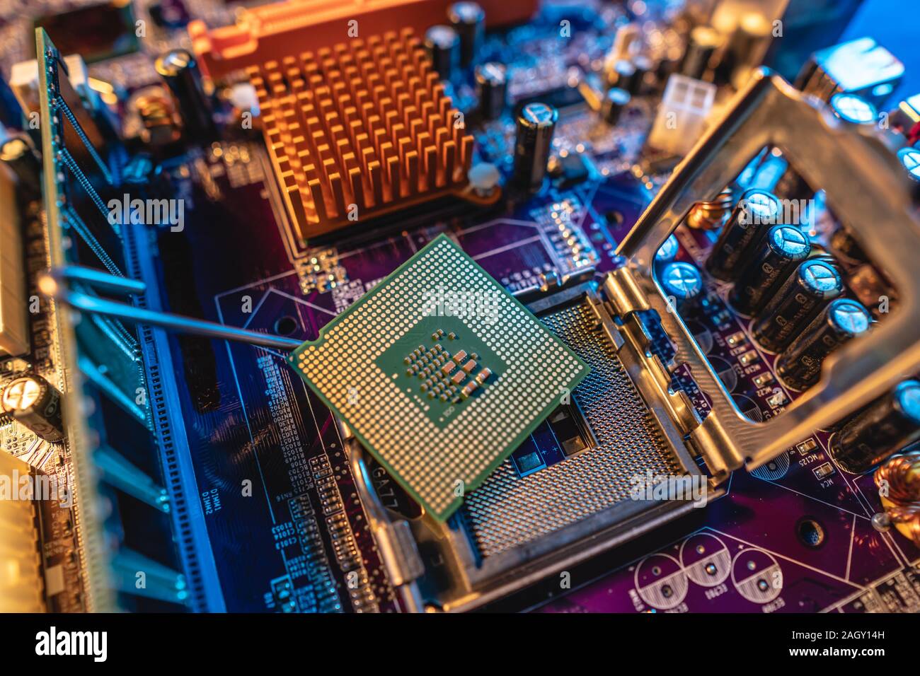 Modern processor CPU on the motherboard of the computer. The concept of ...