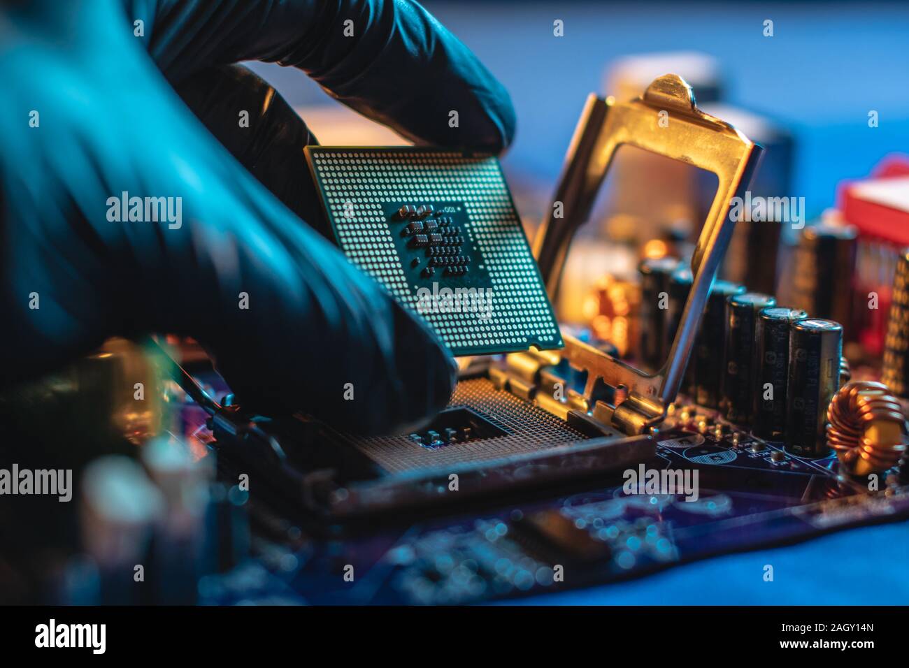 Engineer repairman holding hands in black gloves chip processor, CPU to insert into the socket ...