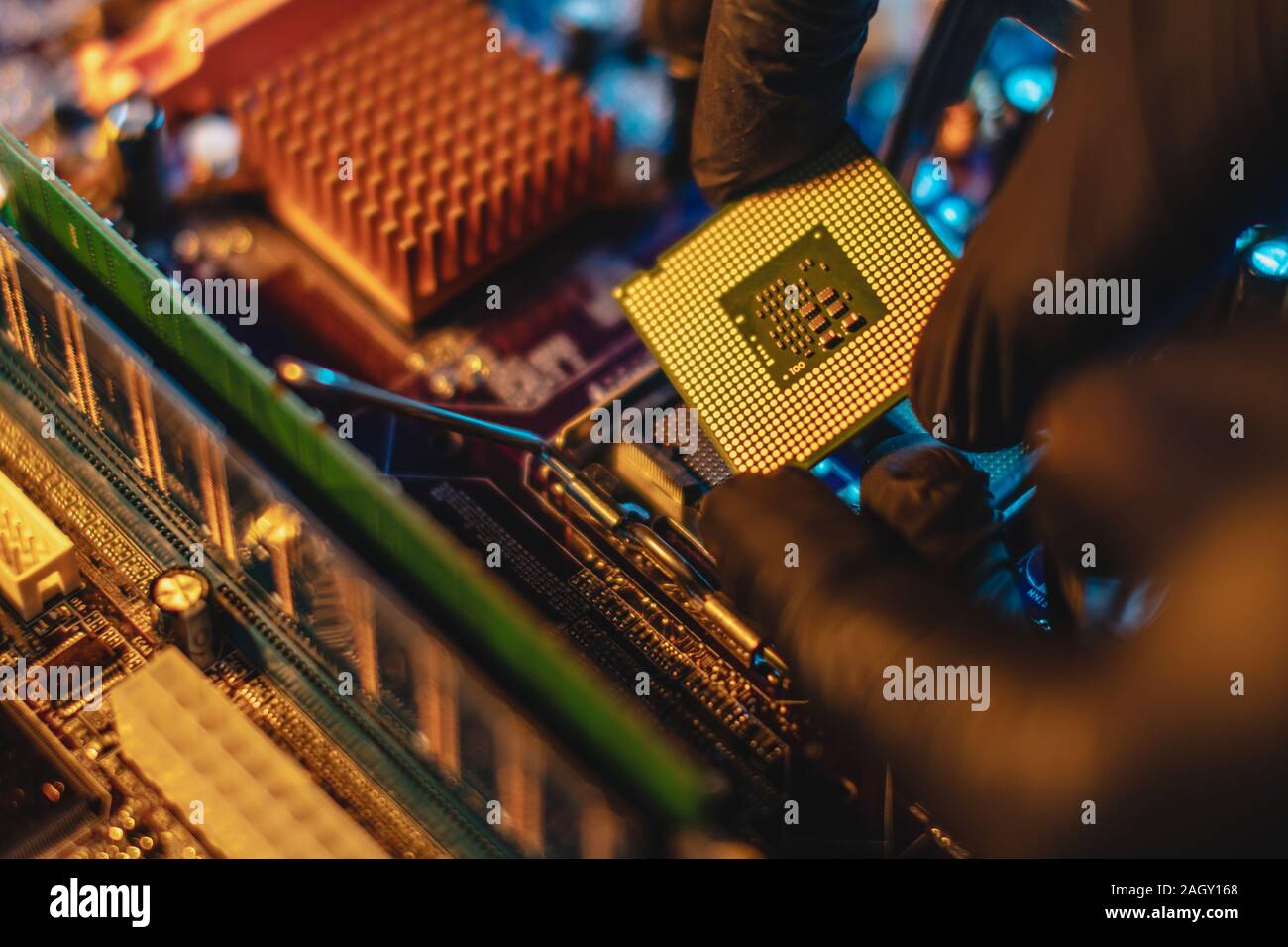 Engineer repairman holding hands in black gloves chip processor, CPU to insert into the socket ...