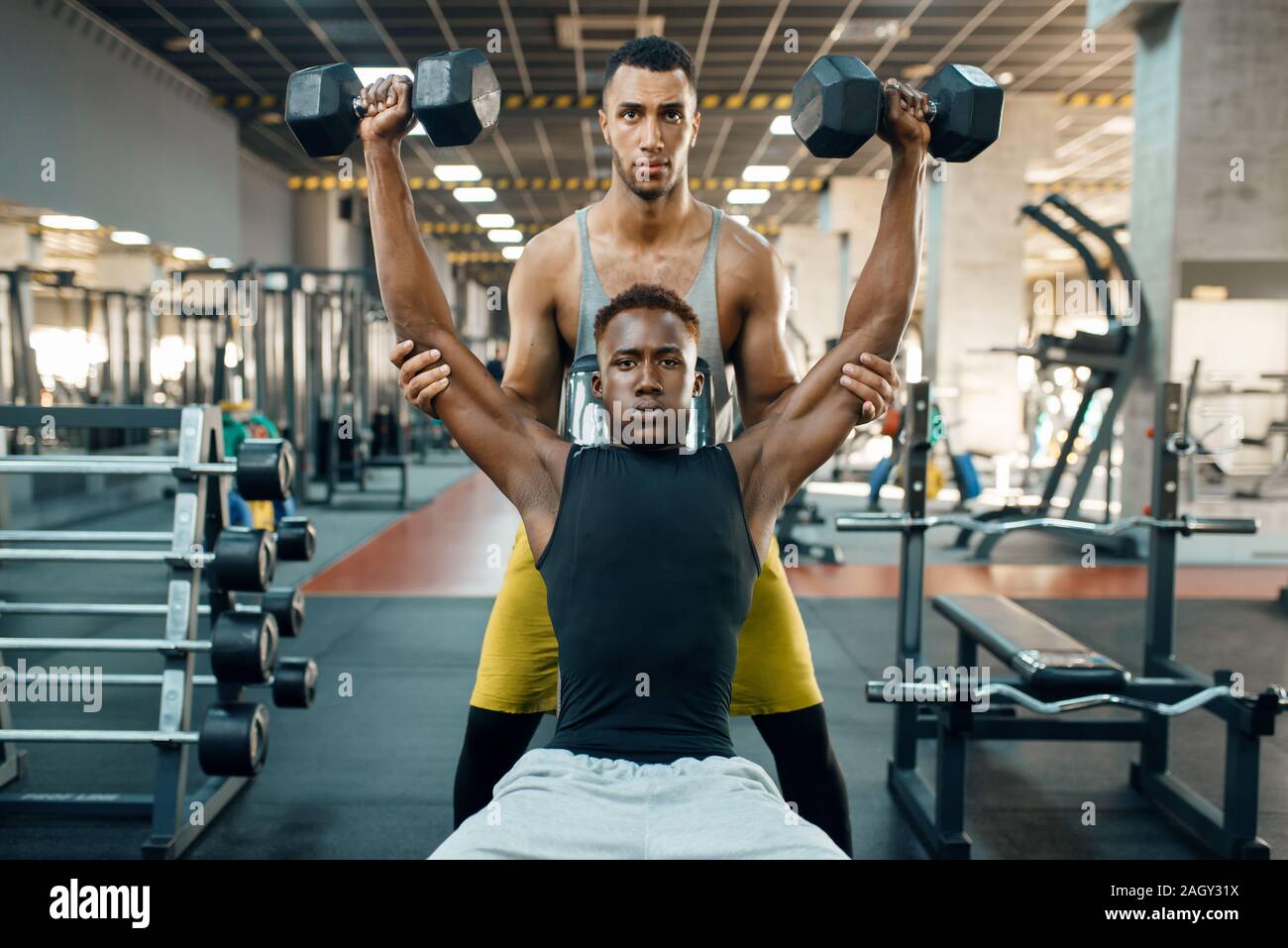 Two men doing exercise with dumbbells on bench Stock Photo - Alamy