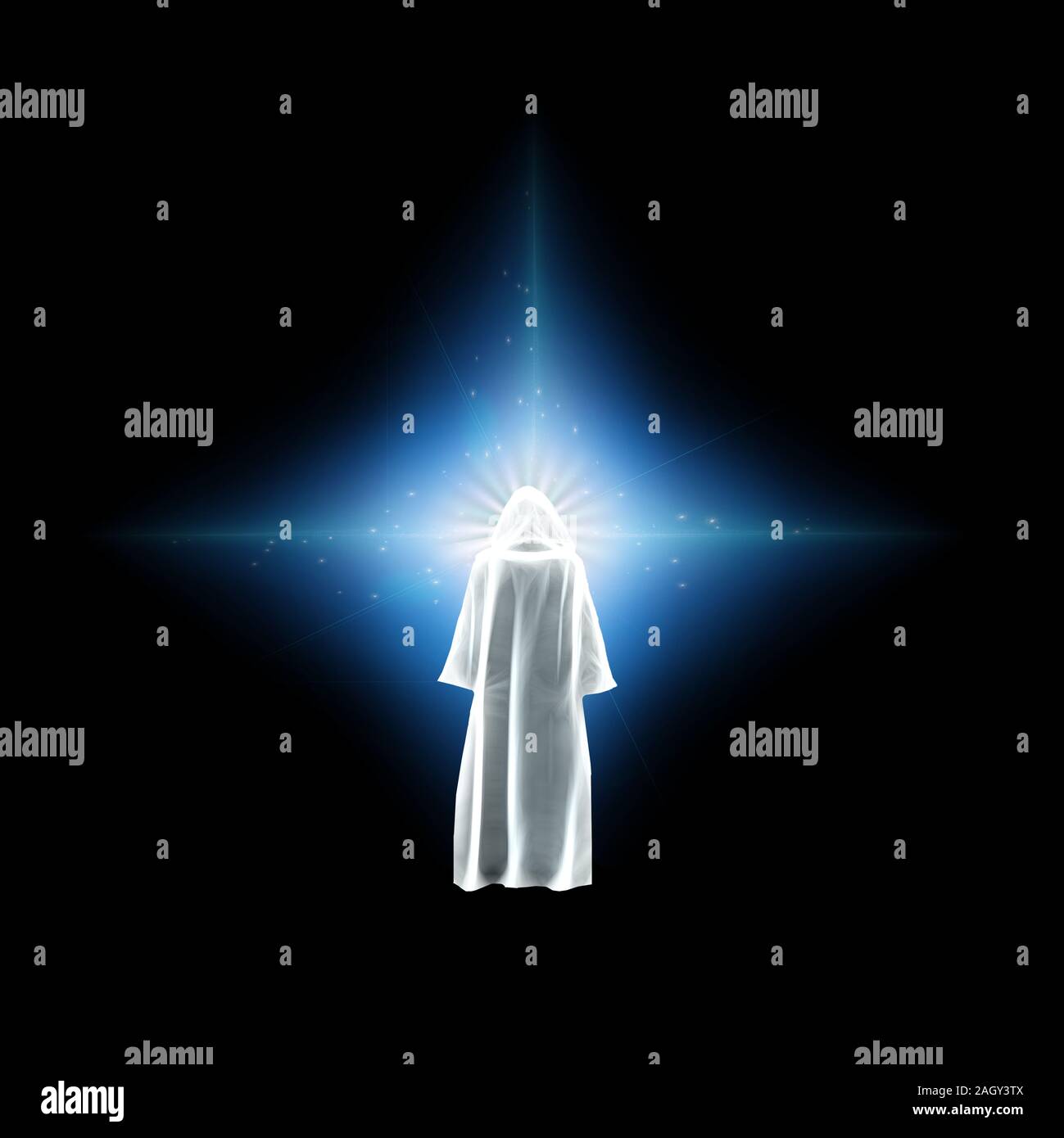 Surreal digital art. Figure of man in white cloak stands before bright ...