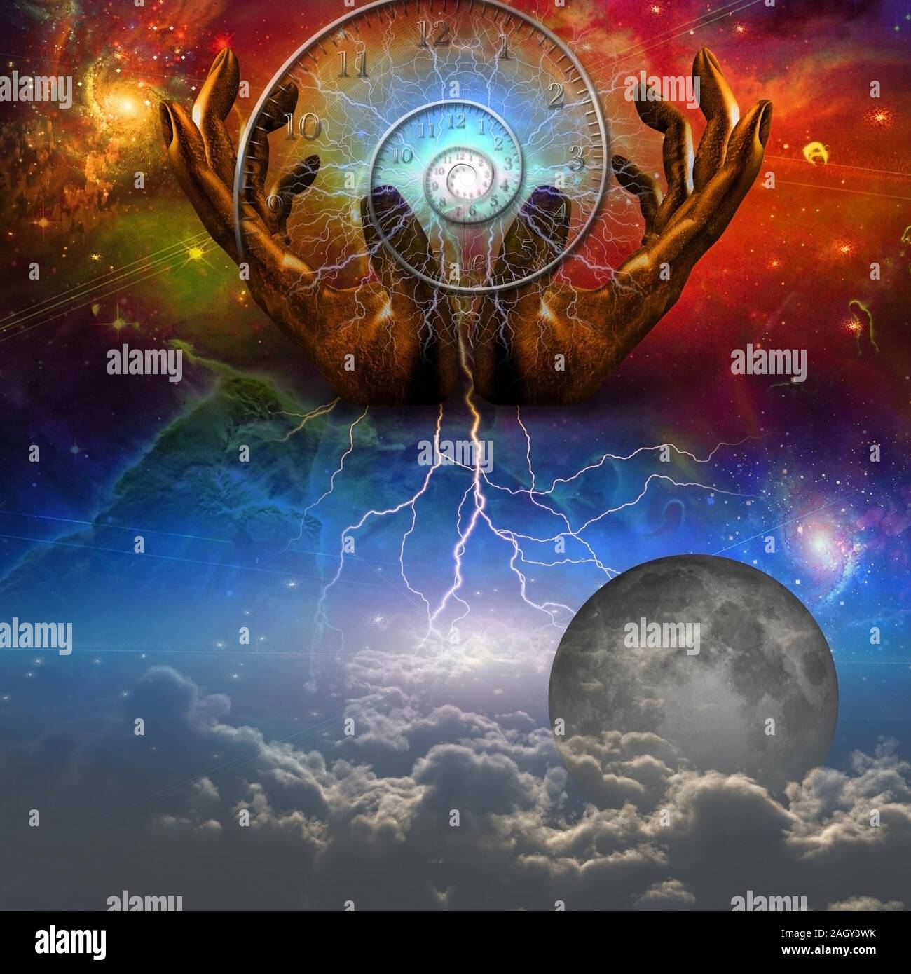 Surrealism. Hands of God in the sky. Moment of creation Stock Photo - Alamy
