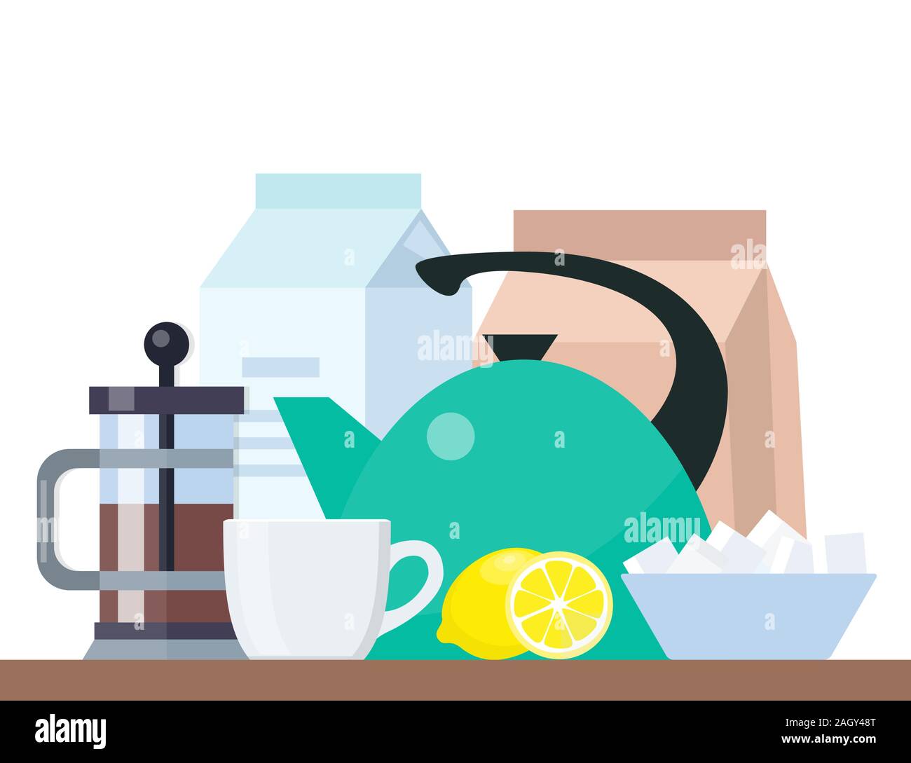 Tea time poster concept. Tea party composition. Teapot, cup, sugar ...