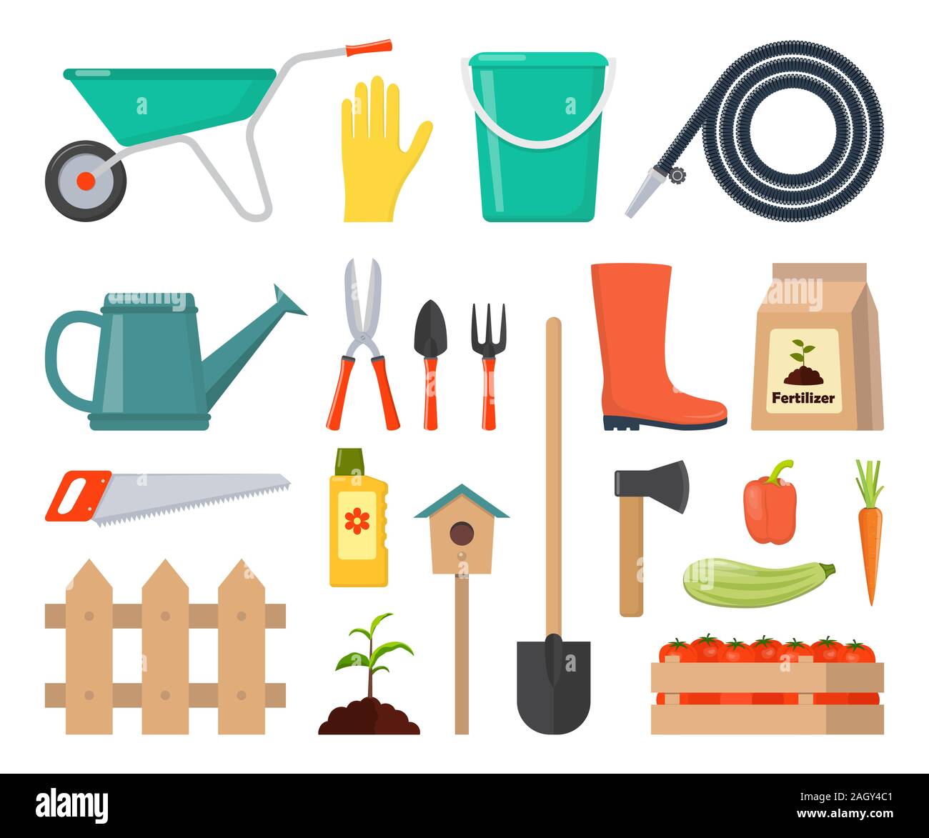 Colorful vector set of garden icons: garden tools, equipment, planting ...