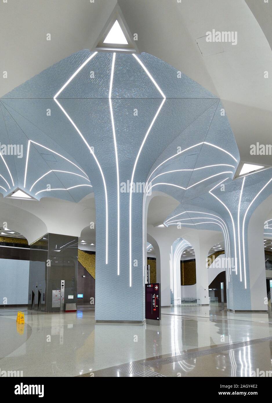 Doha, Qatar - Nov 20. 2019. The interior of Al Bidda metro station ...